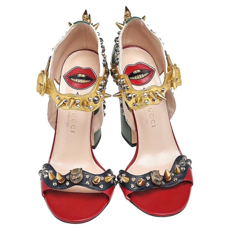 Gucci Multicolor Leather Studded Block Heel Ankle Strap Sandals Size 37 ...