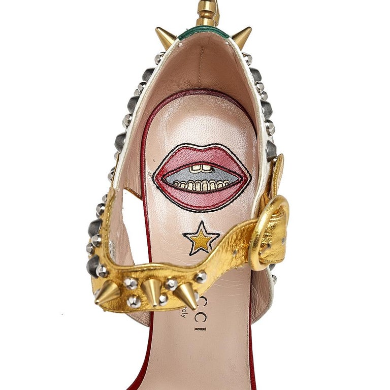 Gucci Multicolor Leather Studded Block Heel Ankle Strap Sandals Size 37 ...