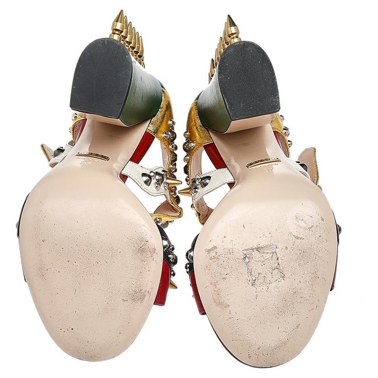 Gucci Multicolor Leather Studded Block Heel Ankle Strap Sandals Size 37 ...