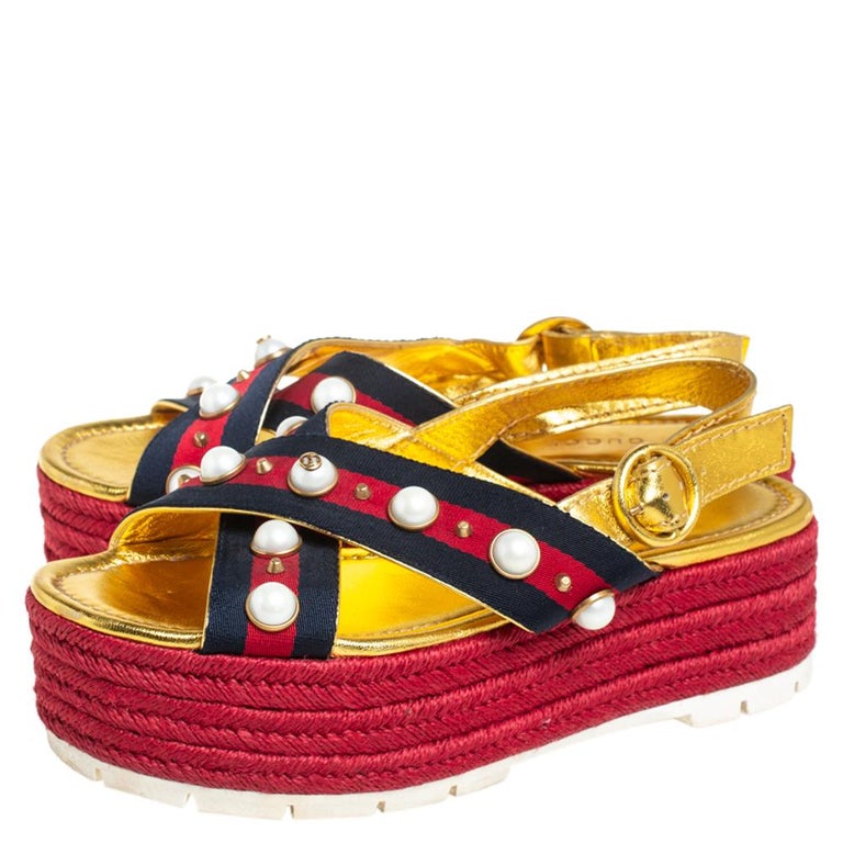 Gucci Multicolor Leather Web Line And Pear Studded Wedge Sandals Size ...