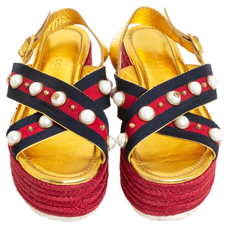 Gucci Multicolor Leather Web Line And Pear Studded Wedge Sandals Size ...
