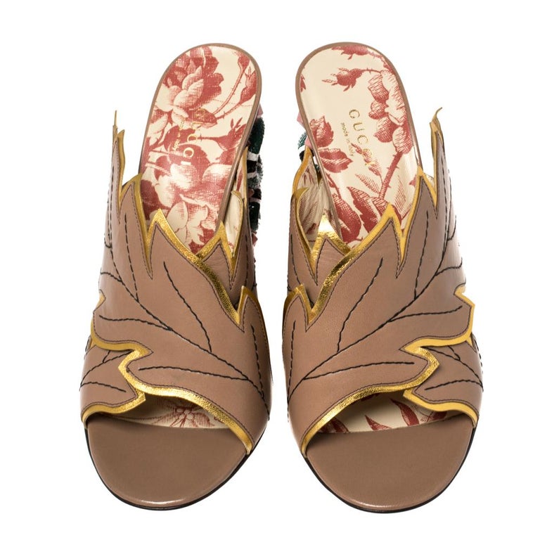 Gucci Multicolor Leather Webby Leaf Slide Sandals Size 39 at 1stDibs