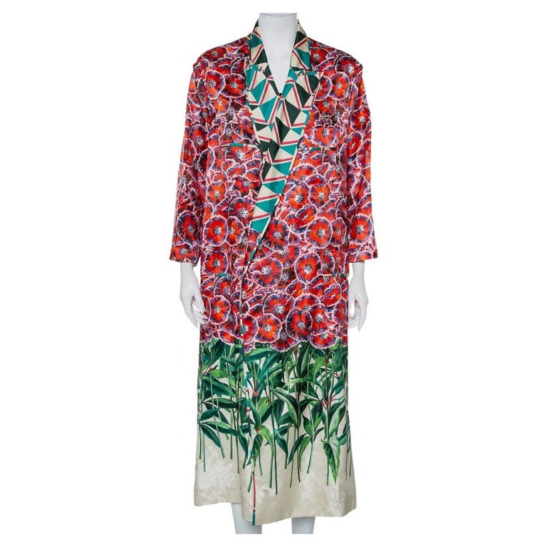 Gucci Multicolor Printed Silk Open Front Coat L For Sale at 1stDibs