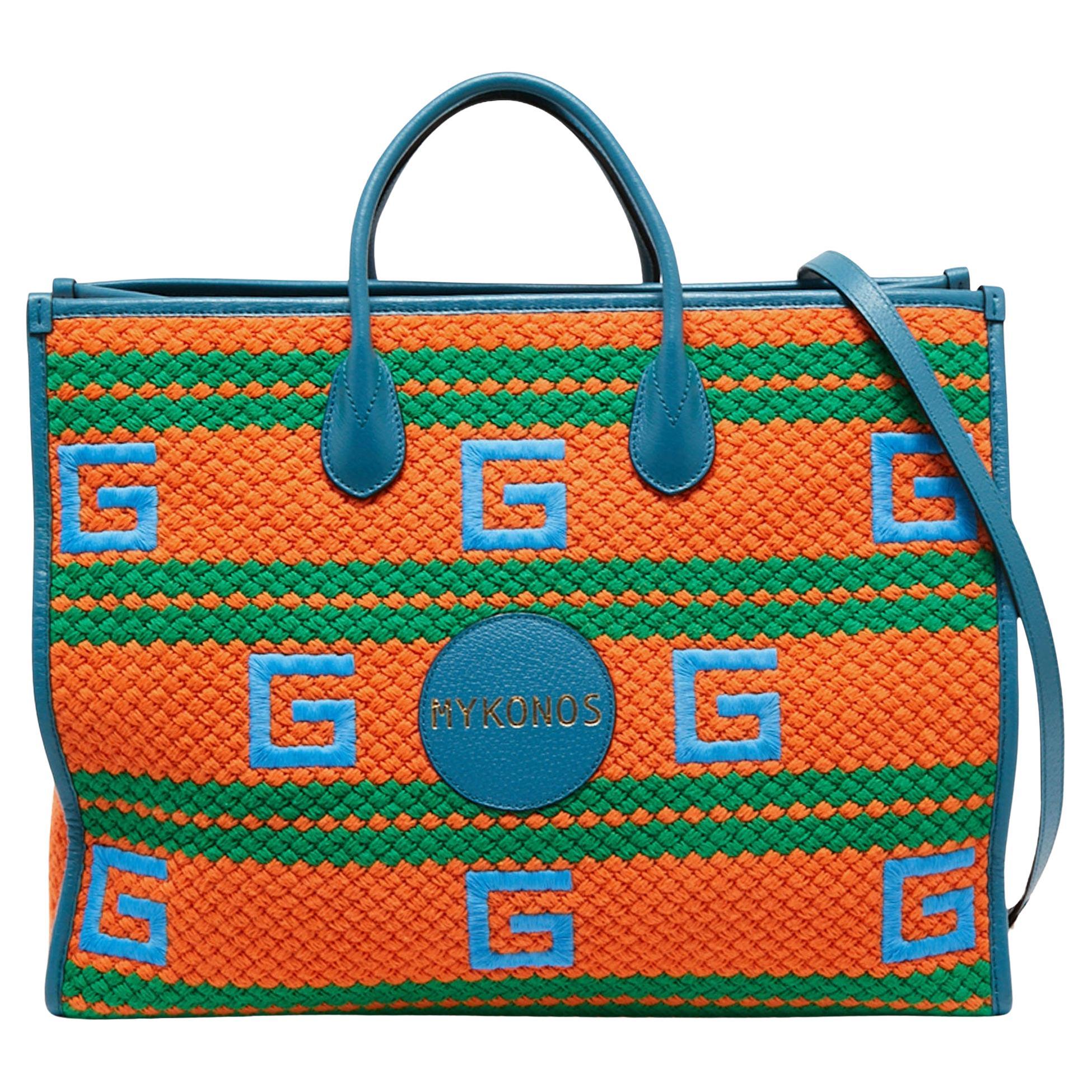 Gucci Multicolor Square G Embroidered Fabric Mykonos Striped Tote For ...