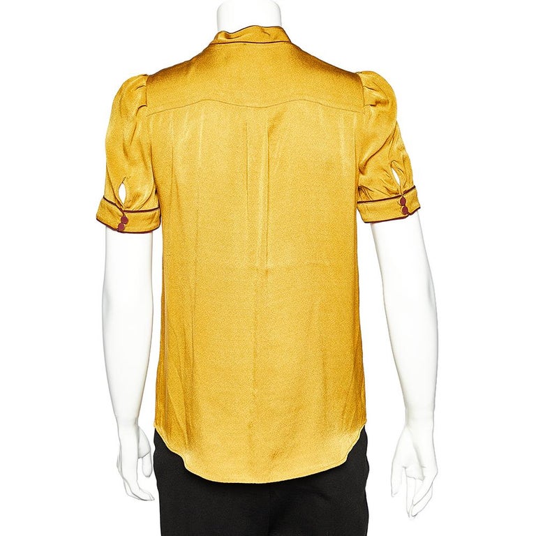 Gucci Mustard Yellow Silk Contrast Trim Top M For Sale at 1stDibs