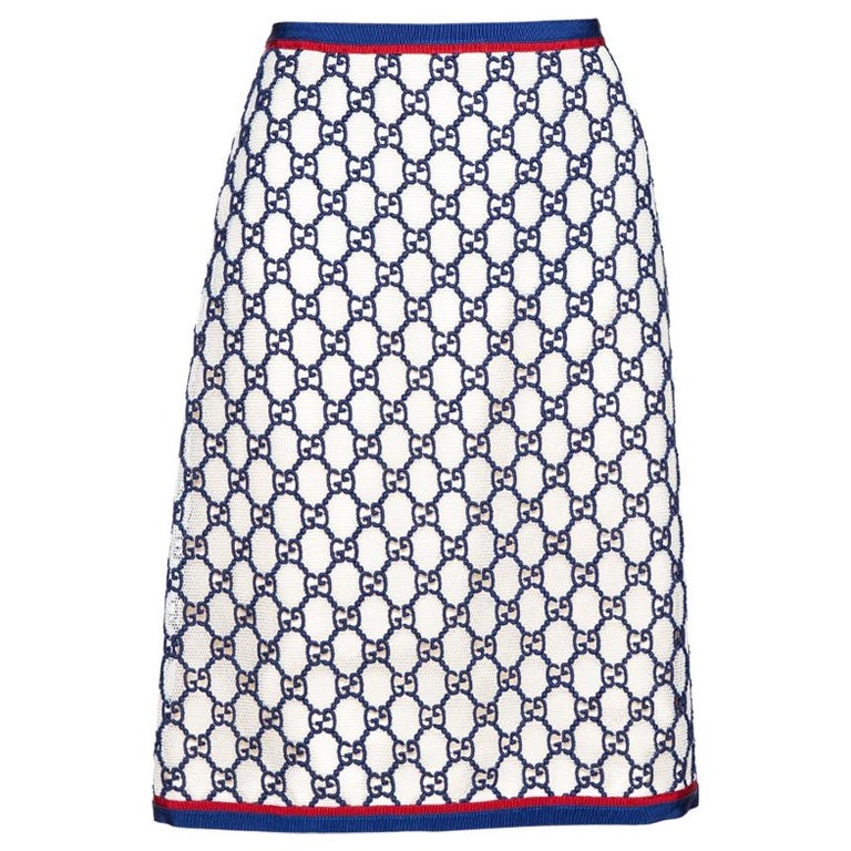 Gucci Navy Blue and Cream GG Macrame Overlay A-Line Skirt M at 1stDibs