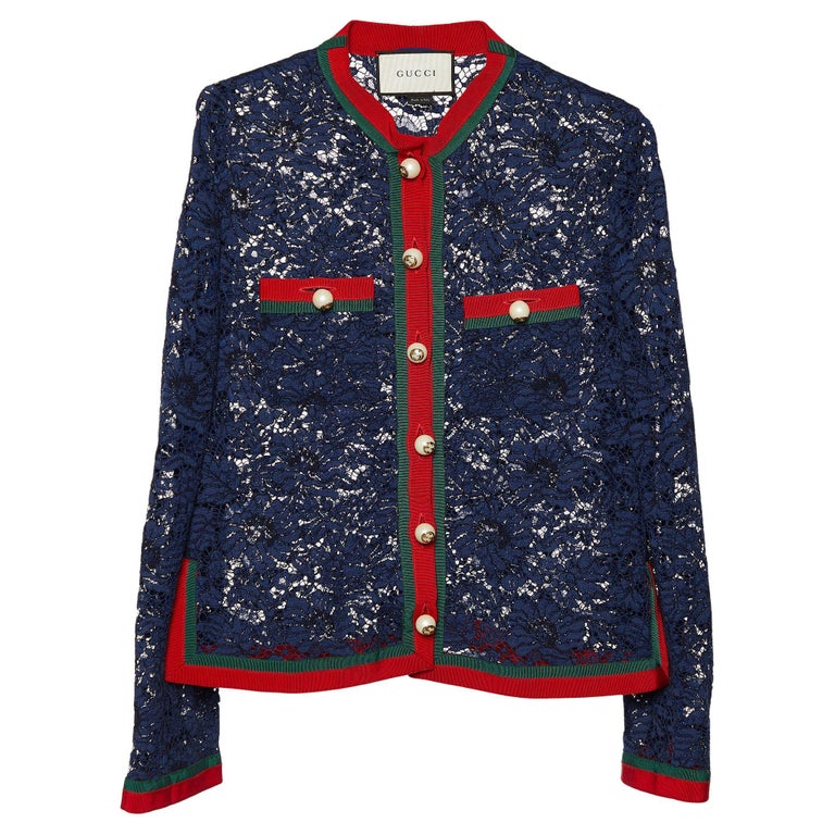 Gucci Navy Blue Lace Contrast Trim Button Front Sheer Jacket M For Sale ...