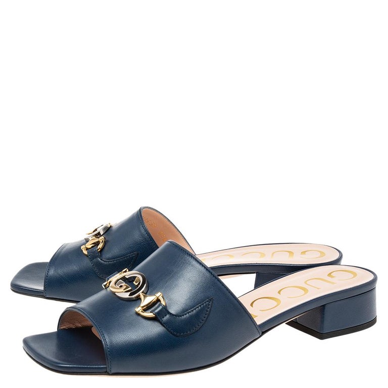 Gucci Navy Blue Leather Zumi GG Interlocking Slide Sandals Size 39 at ...