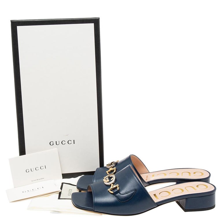 Gucci Navy Blue Leather Zumi GG Interlocking Slide Sandals Size 39 at ...