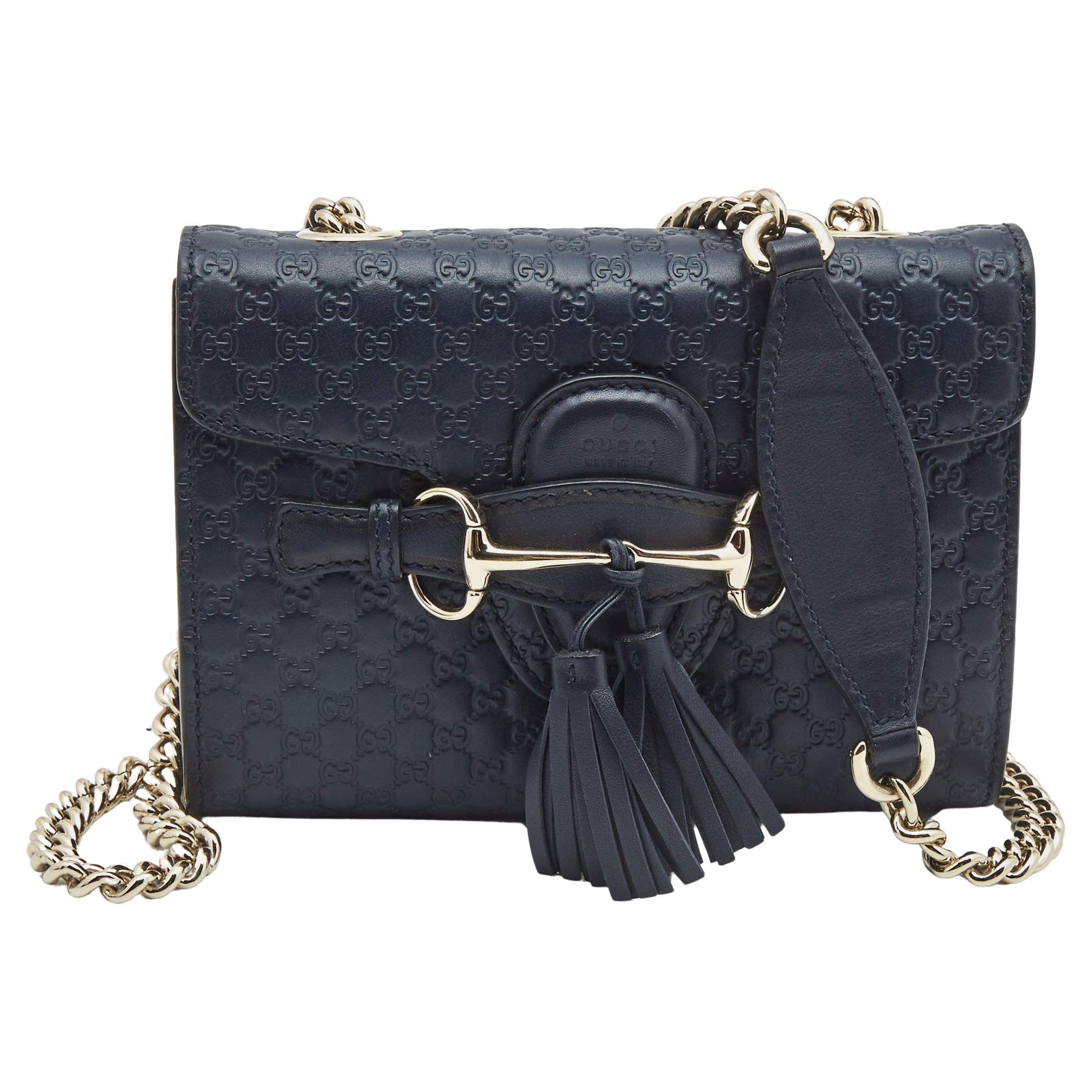 Gucci Navy Blue MIcroguccissima Leather Mini Emily Chain Shoulder Bag For Sale at 1stDibs