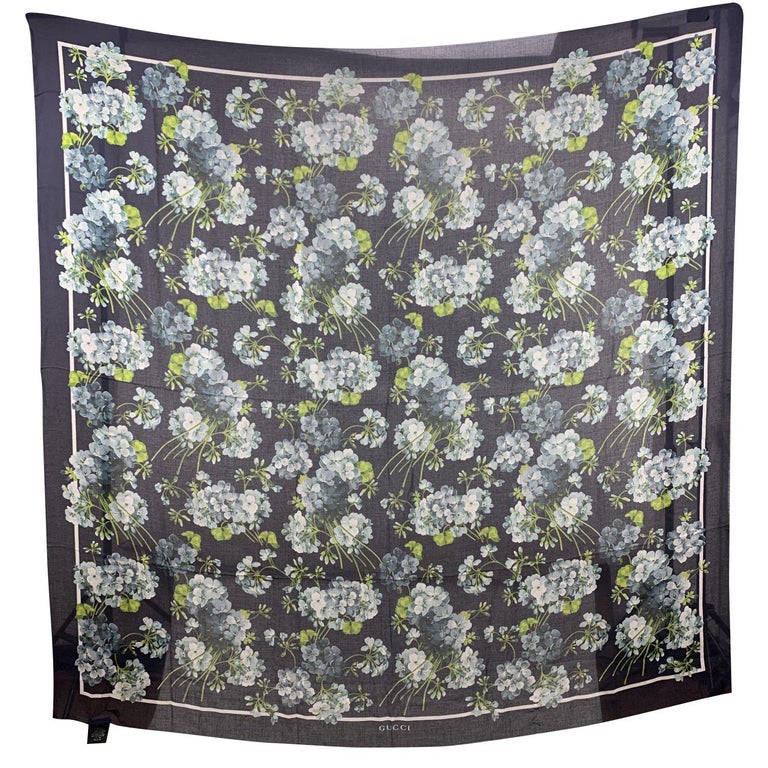 Gucci Navy Blue Modal and Silk Floral Bloom Print Square Scarf 140 For ...
