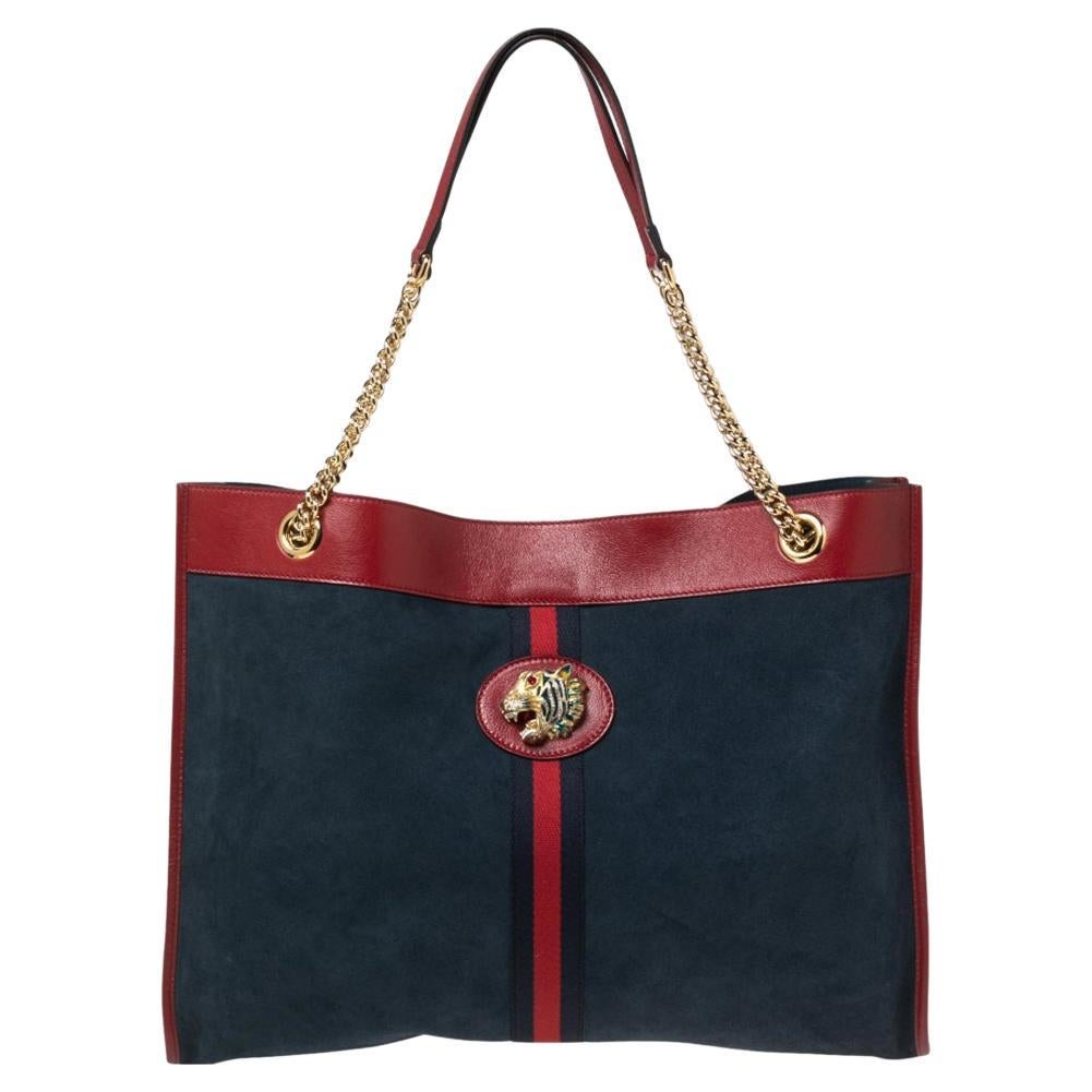 Gucci Navy Blue/Red Suede And Leather Large Rajah Tote at 1stDibs