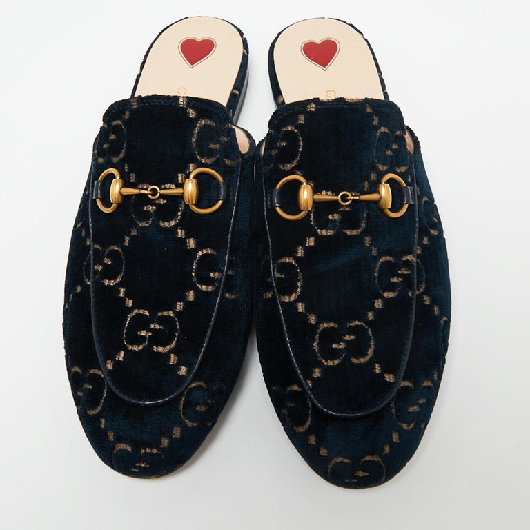 Gucci Navy Blue Velvet GG Princetown Horsebit Mules Size 37 For Sale at ...