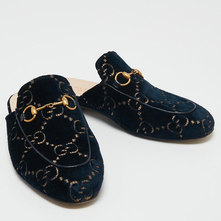 Gucci Navy Blue Velvet GG Princetown Horsebit Mules Size 37 For Sale at ...
