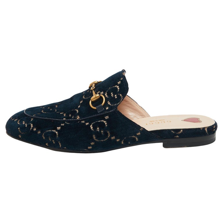Gucci Navy Blue Velvet GG Princetown Horsebit Mules Size 37 For Sale at ...
