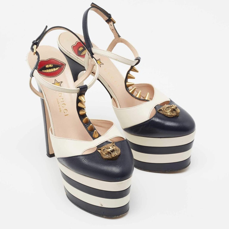 Gucci Navy Blue/White Angel Feline Head Accent T-Strap Platform Pumps ...
