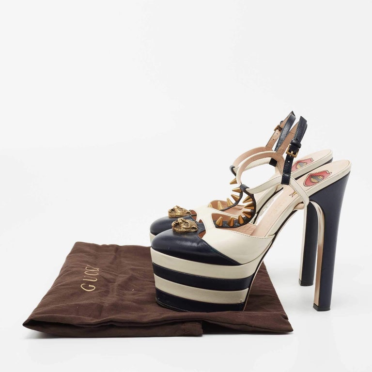 Gucci Navy Blue/White Angel Feline Head Accent T-Strap Platform Pumps ...