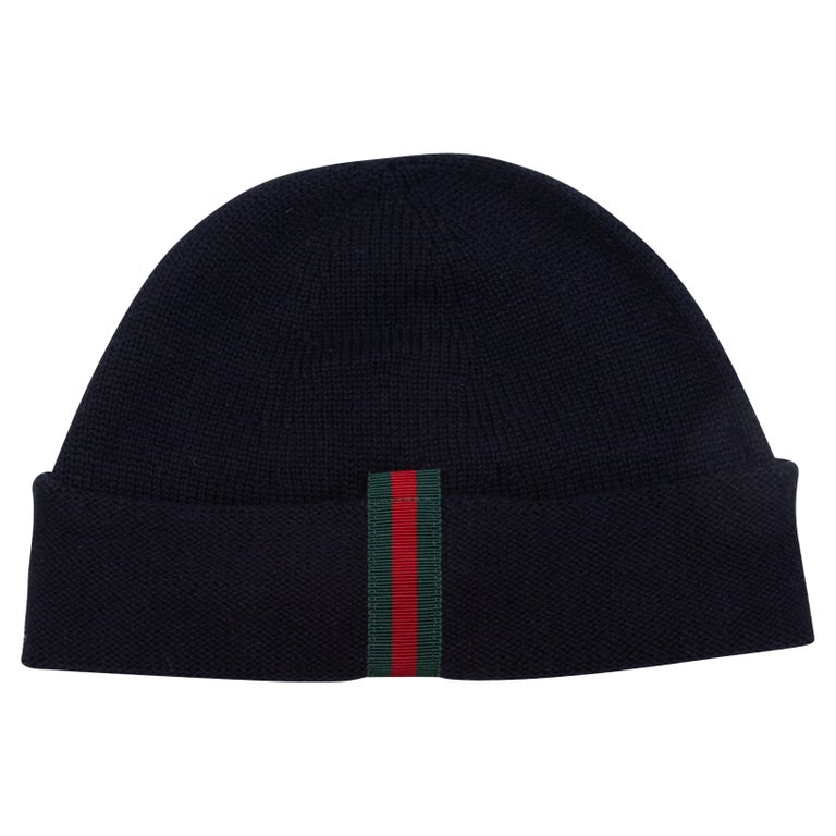 Gucci - Bonnet en laine bordé de toile bleu marine En vente sur 1stDibs