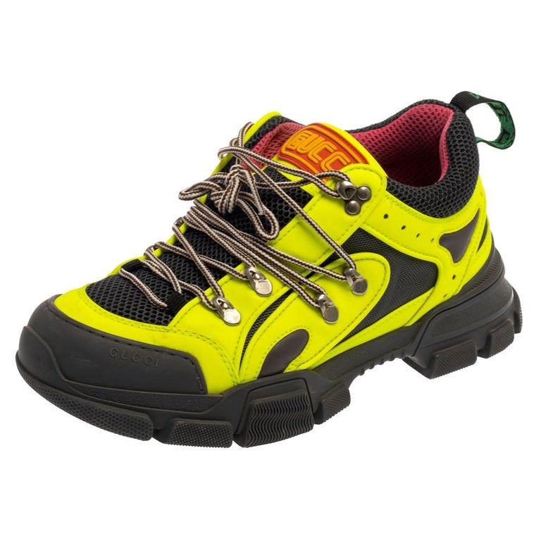 Gucci Neon/Black Leather And Mesh Flashtrek Sneakers Size 42 at 1stDibs