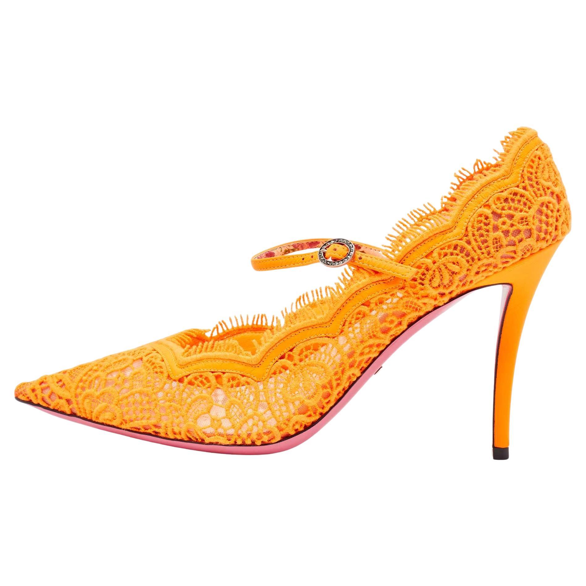 Gucci Neon Orange Mesh and Lace Virginia Mary Jane Pumps Size 41 For ...