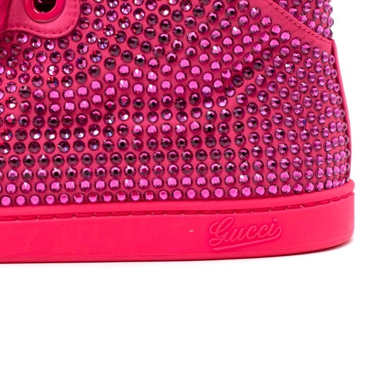 Gucci Neon Pink Crystal-Embellished Satin High Top Sneakers - US 8.5 at ...