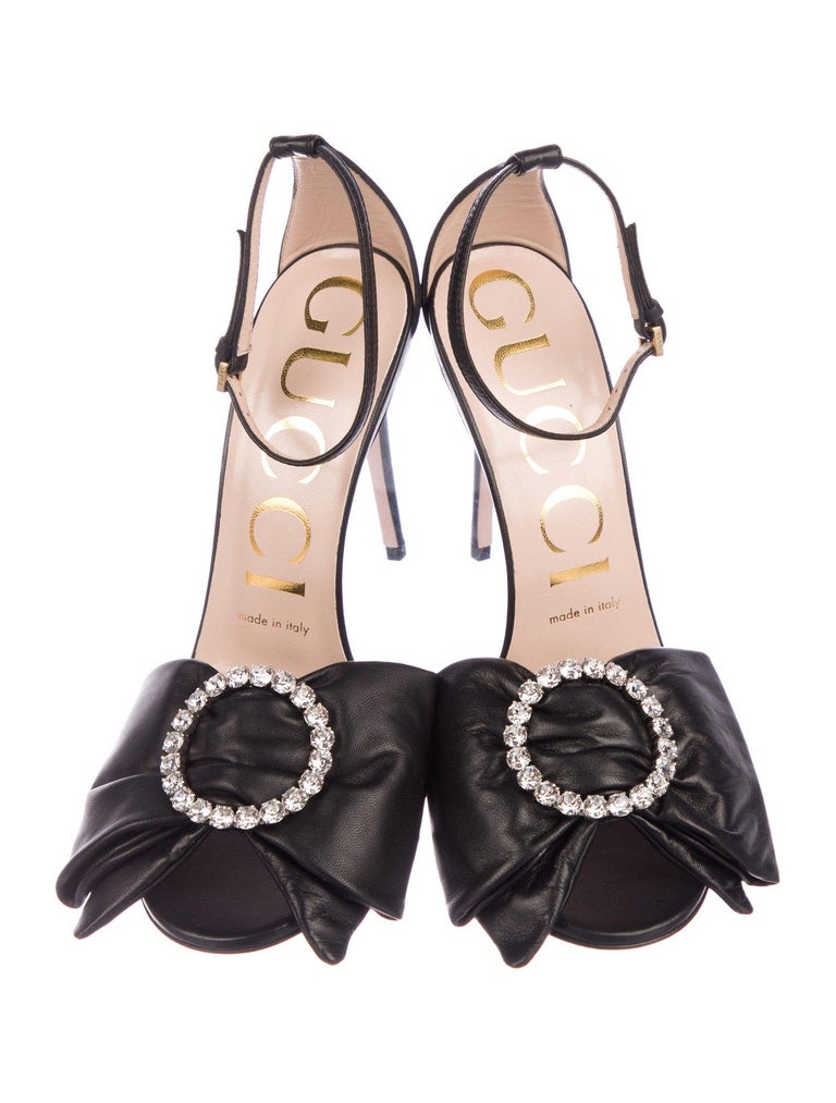 Gucci NEW Black Leather Crystal Bow Evening Sandals Heels in Box at ...