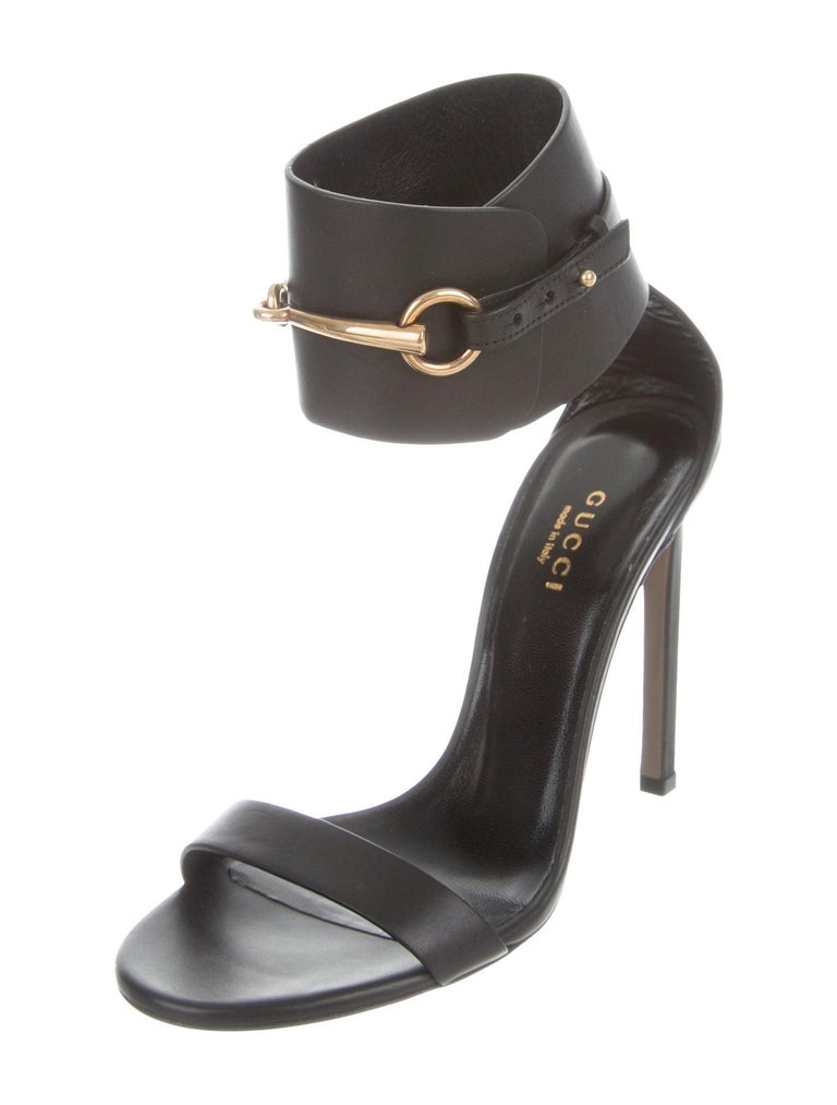 Gucci NEW Black Leather Gold Horsebit Evening Sandals Heels in Box at ...