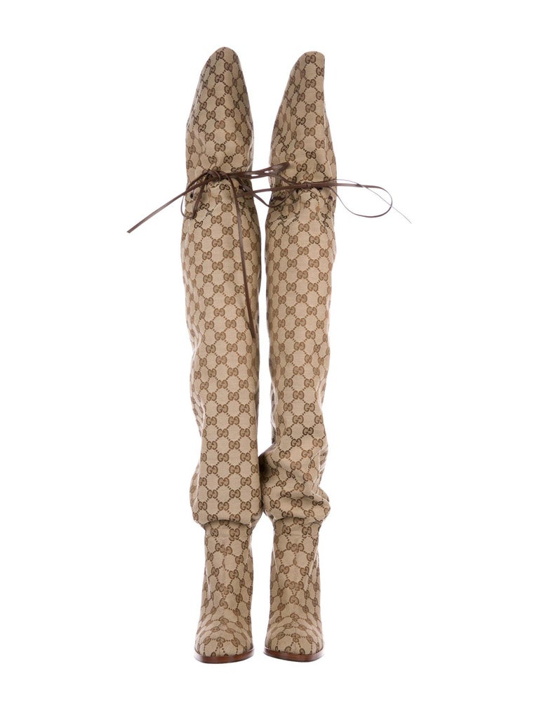 Gucci NEW Monogram Canvas Brown Leather Tie Logo Tall Thigh High Boots ...