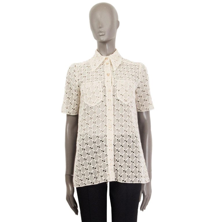 GUCCI off-white cotton GG MACRAME Short Sleeve Button Up Shirt Blouse ...