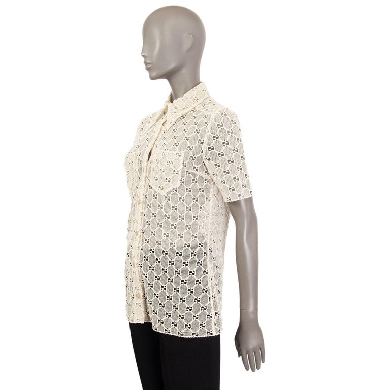 GUCCI off-white cotton GG MACRAME Short Sleeve Button Up Shirt Blouse ...