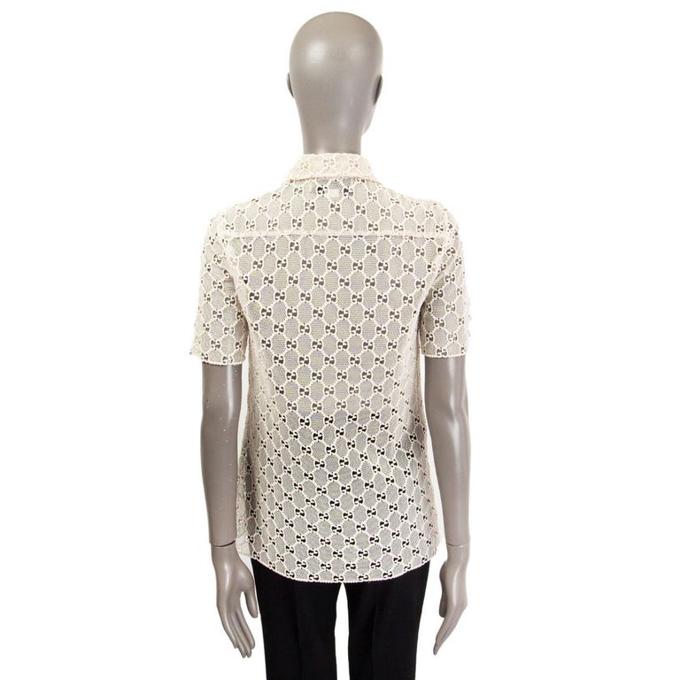 GUCCI off-white cotton GG MACRAME Short Sleeve Button Up Shirt Blouse ...