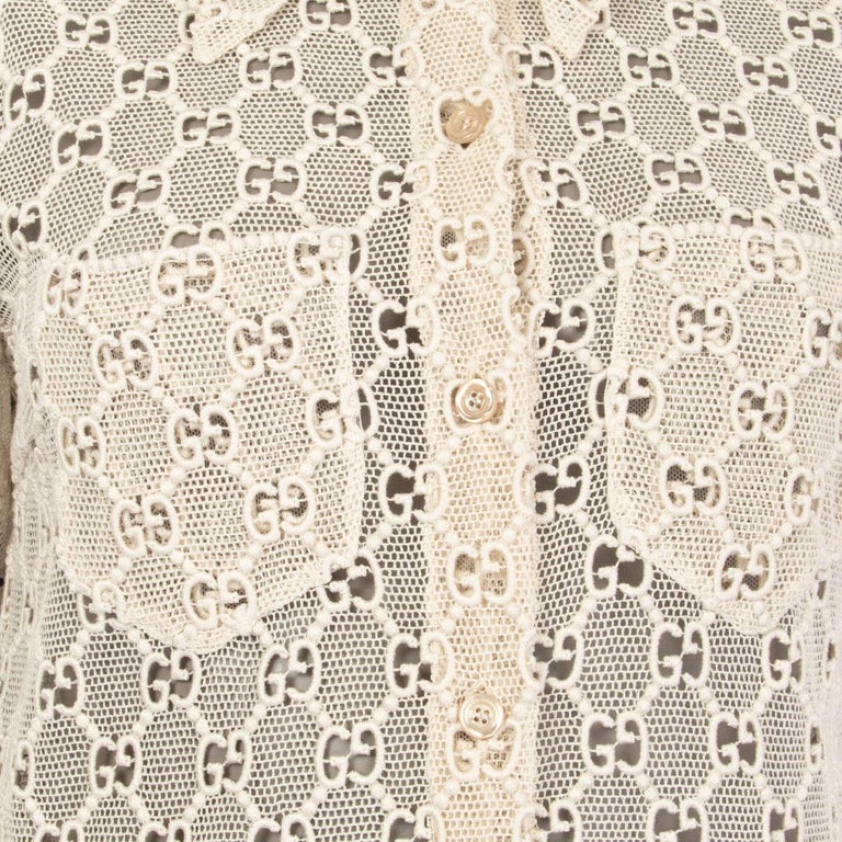 GUCCI off-white cotton GG MACRAME Short Sleeve Button Up Shirt Blouse ...
