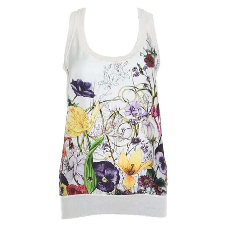 Gucci Off White Floral Printed Silk Paneled Knit Sleeveless Top M For ...