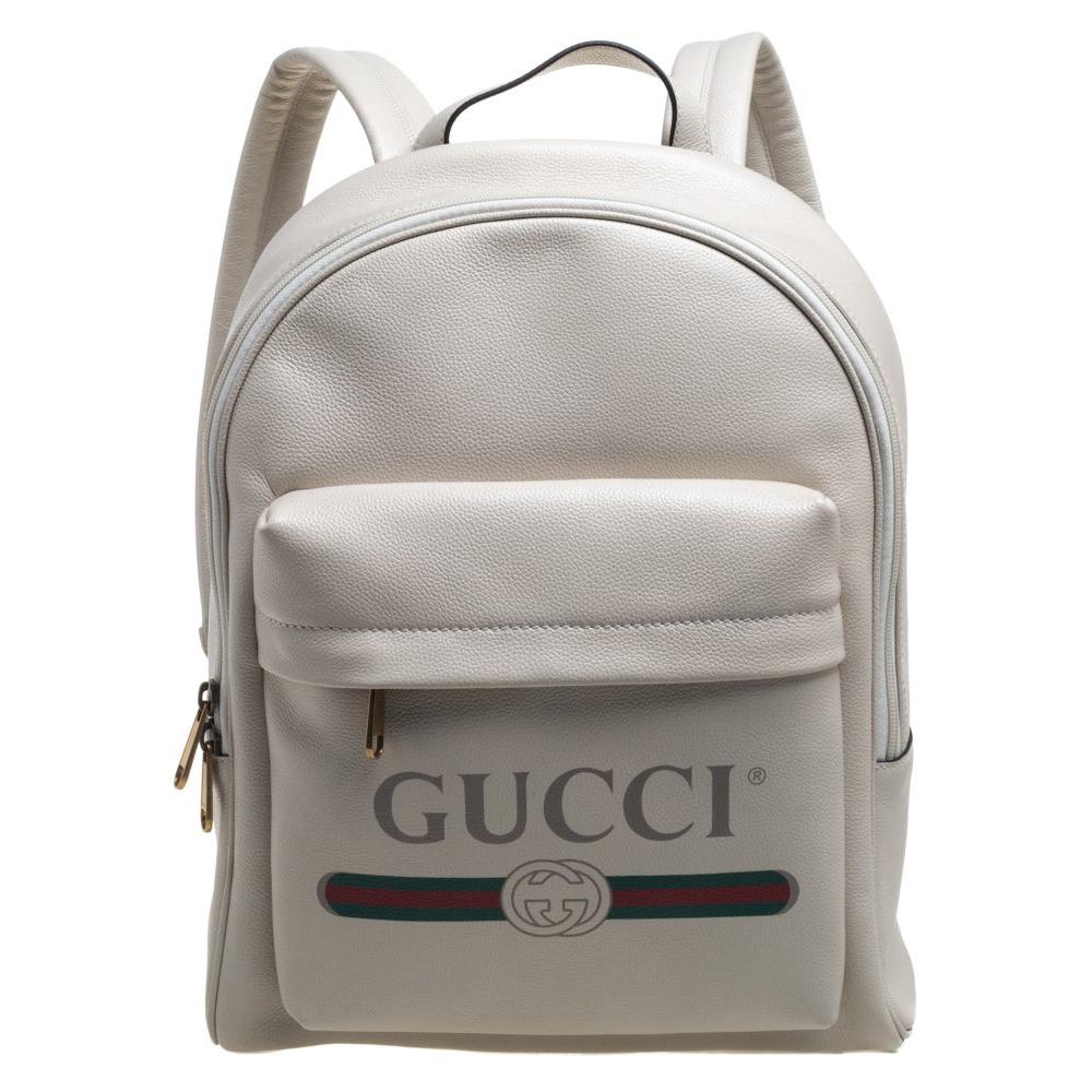 Gucci Off White Leather Logo Print Backpack at 1stDibs