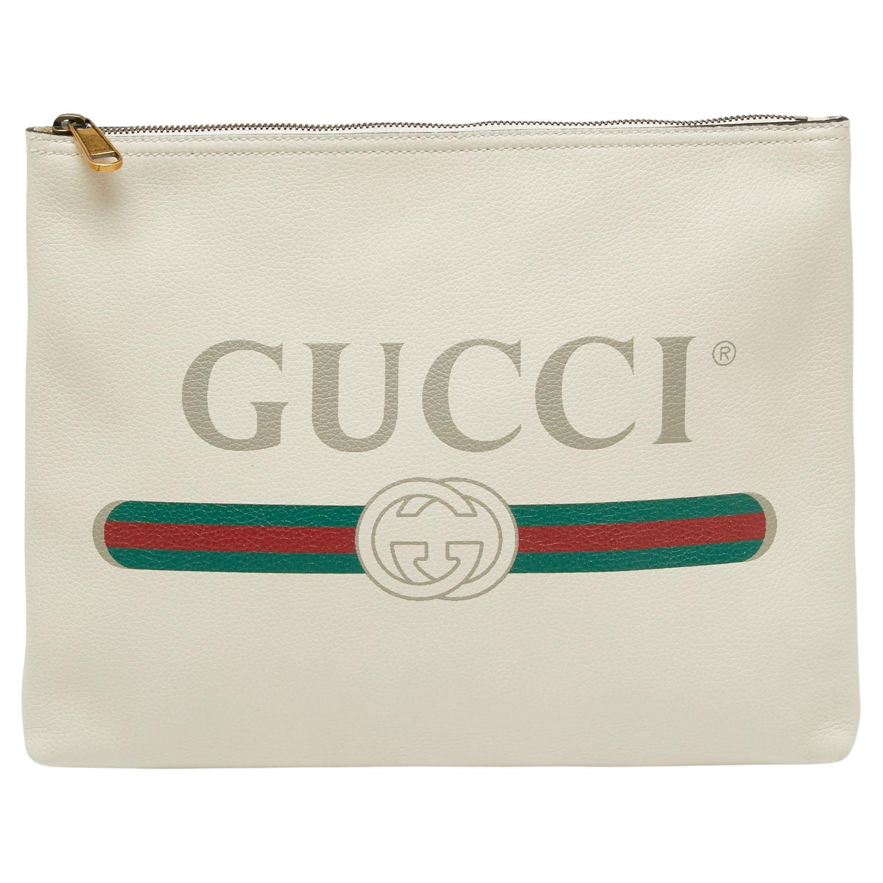 Gucci White Leather Logo Print Zip Pouch For Sale at 1stDibs | gucci pouch