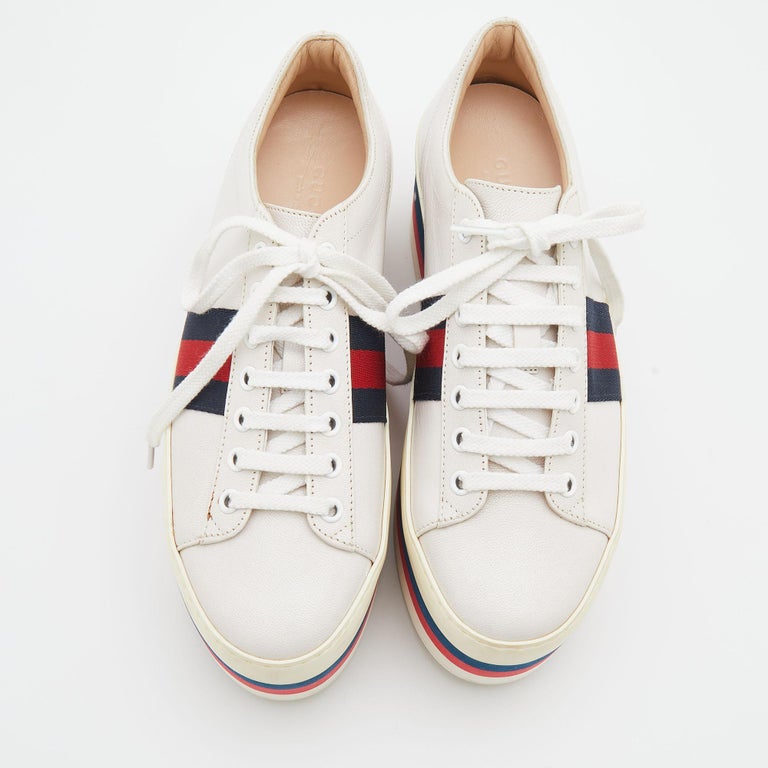 Gucci Off White Leather Peggy Web Detail Platform Sneakers Size 37 For ...
