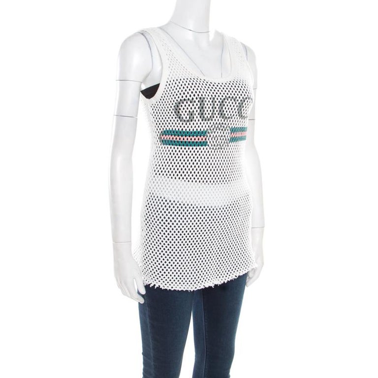 Gucci Off White Perforated Cotton Knit Logo Printed Tank Top M For Sale ...