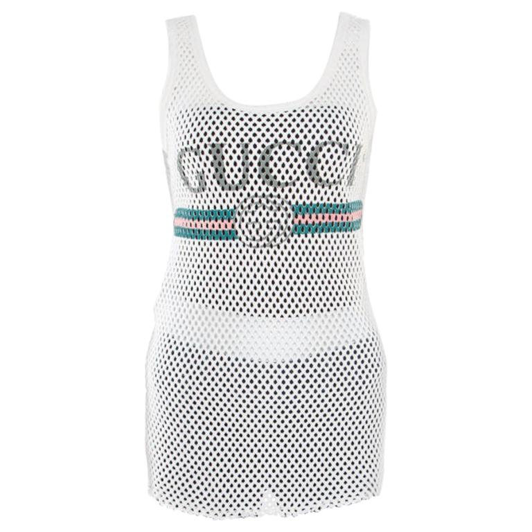Gucci Off White Perforated Cotton Knit Logo Printed Tank Top M For Sale ...