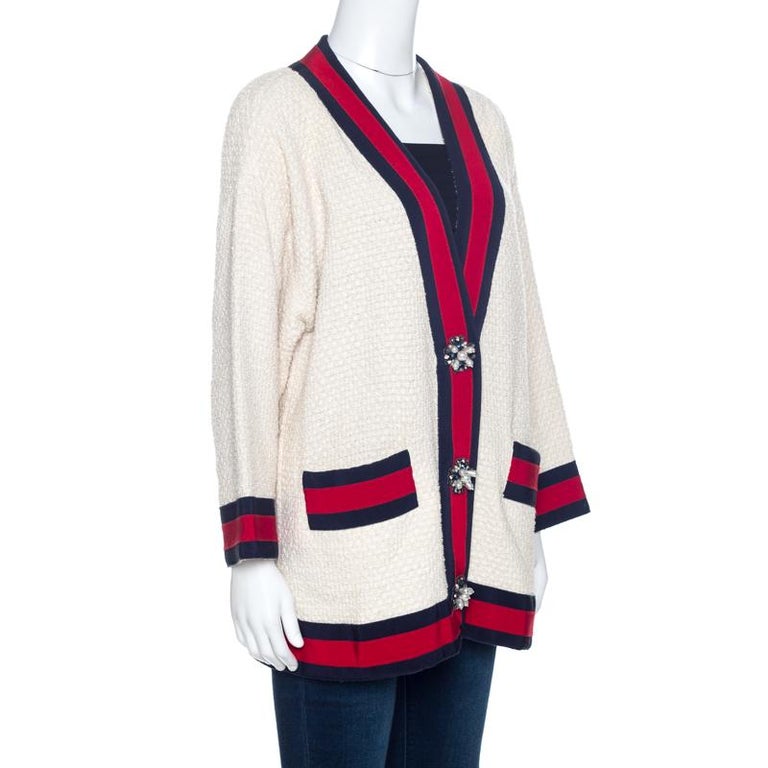 Gucci Off White Tweed Embellished Button Detail Oversized Jacket M For ...