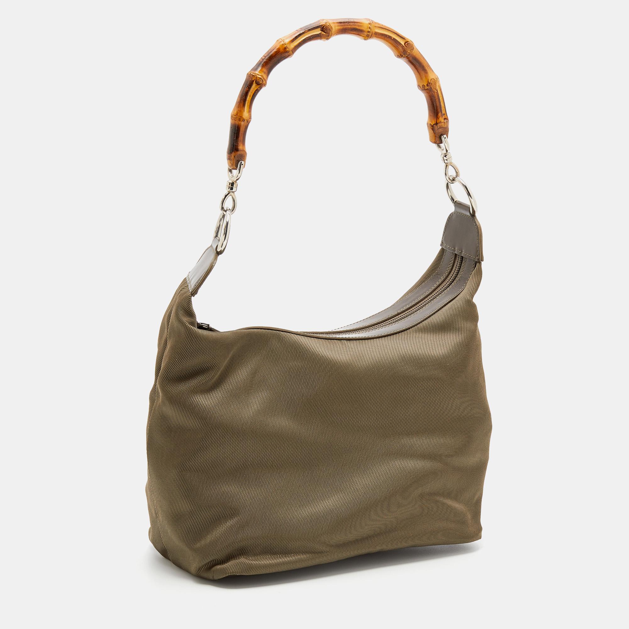 Gucci Olive Green Canvas And Patent Leather Peggy Bamboo Hobo For Sale ...