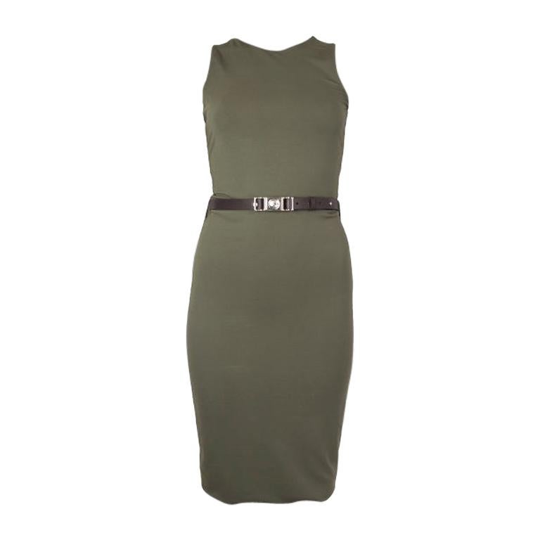 GUCCI olive green viscose Sleeveless BELTED Sheath Dress S at 1stDibs