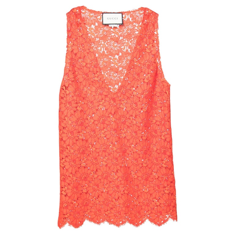 Gucci Orange Floral Lace Sleeveless V-Neck Top M For Sale at 1stDibs