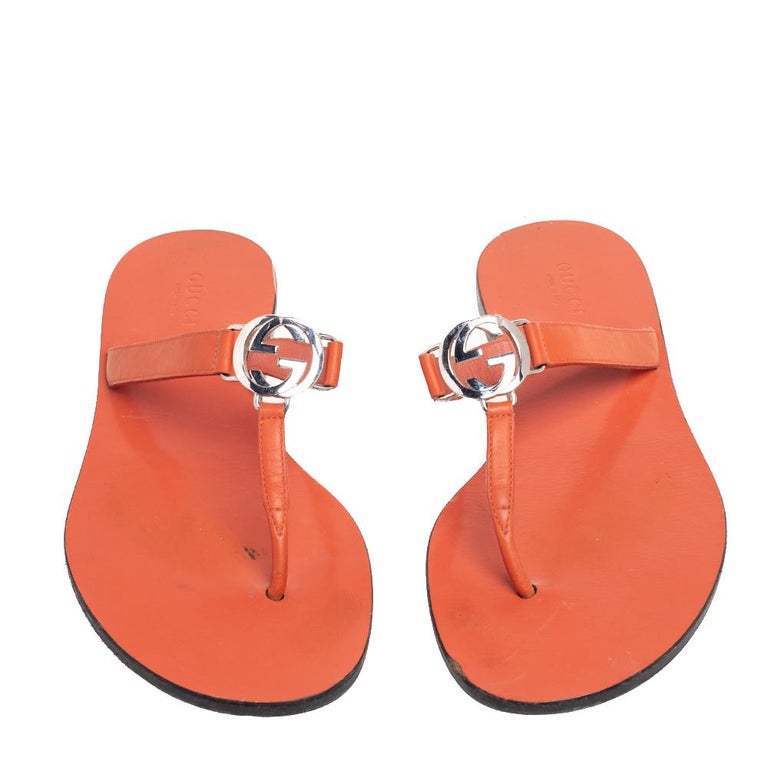 Gucci Orange Leather Interlocking GG Thong Flat Sandals Size 37 For ...