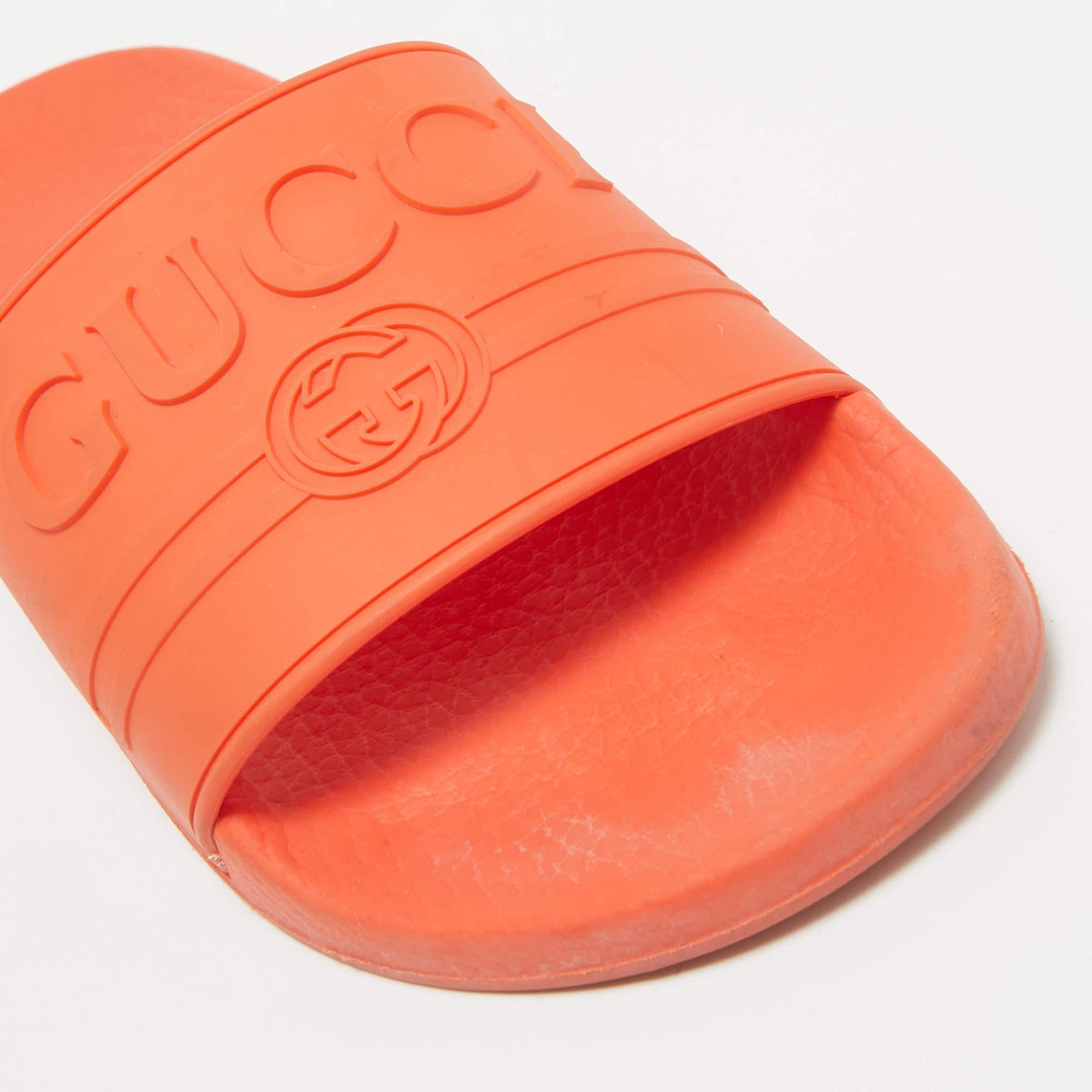 Gucci Orange Rubber Logo Pool Slides Size 38 For Sale at 1stDibs