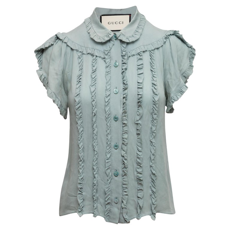 Gucci Pale Blue Ruffle-Trimmed Silk Top For Sale at 1stDibs