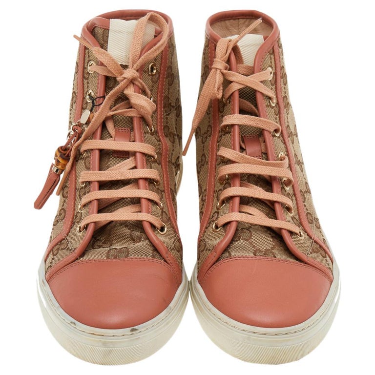 Gucci Peach/Beige Leather And GG Supreme Canvas High-Top Sneakers Size ...