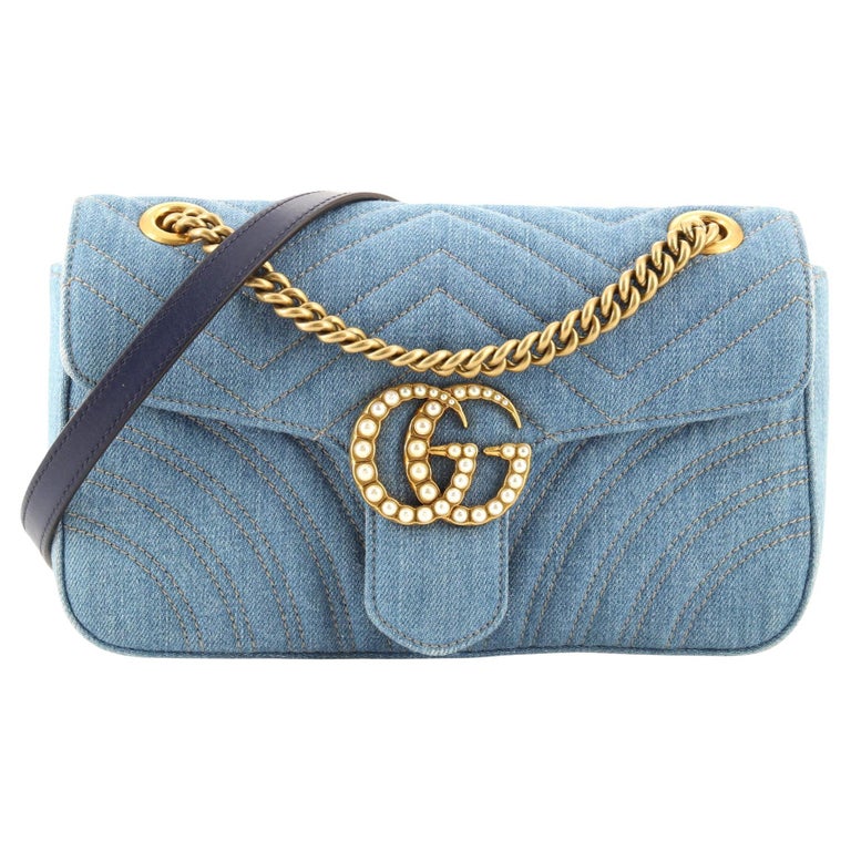 Gucci Pearly GG Marmont Flap Bag Matelasse Denim Small For Sale at 1stDibs