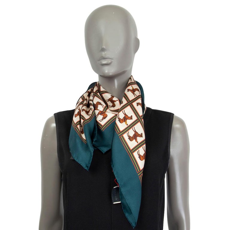 GUCCI petrol blue silk HORSE PRINTED 90 Scarf at 1stDibs