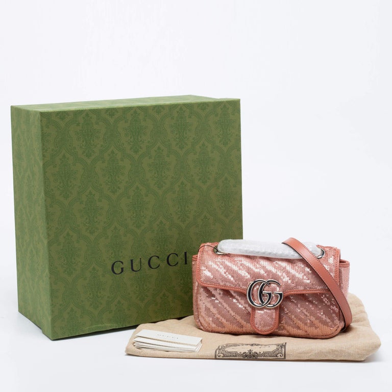 Gucci Pink Diagonal Sequins And Leather Mini GG Marmont Shoulder Bag ...