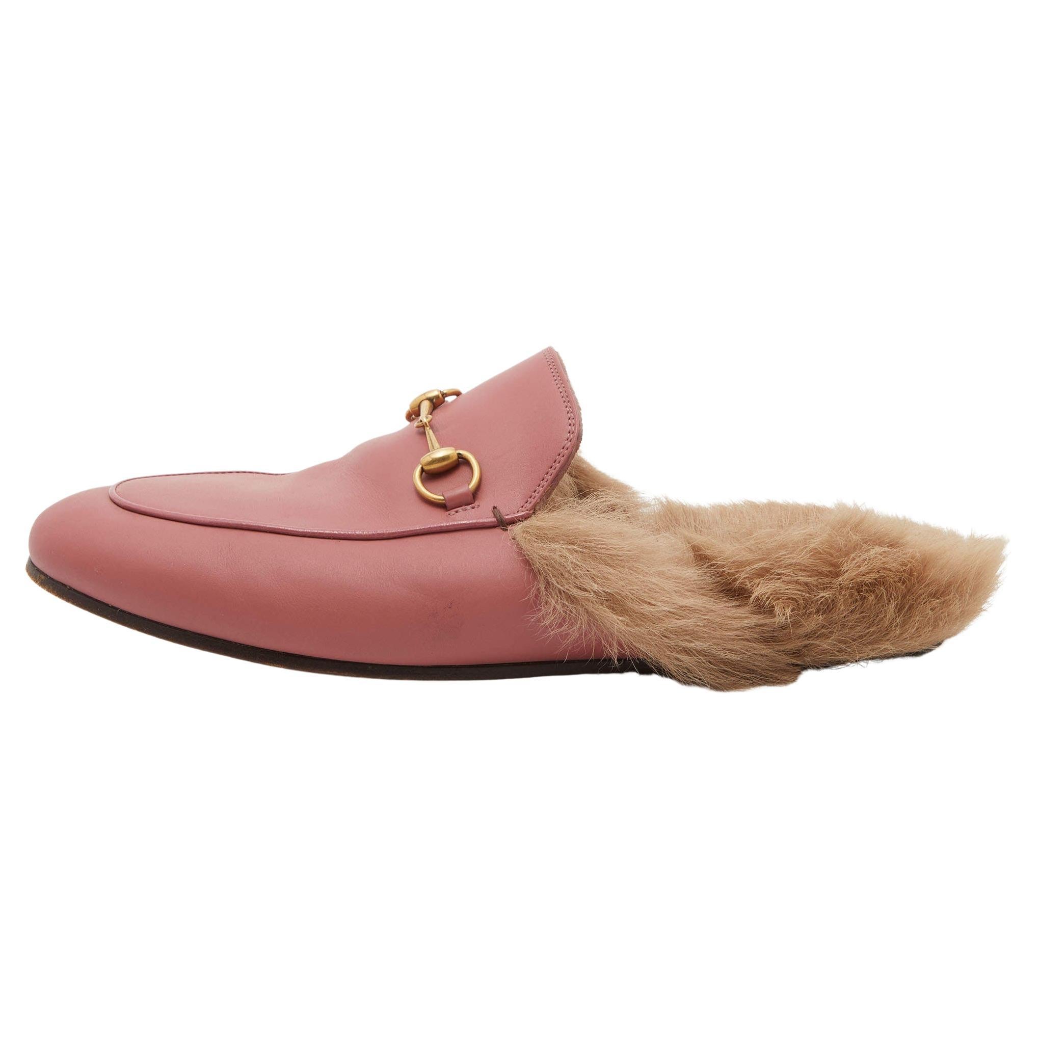 Gucci Pink Leather and Fur Princetown Flat Mules Size 39 For Sale at ...